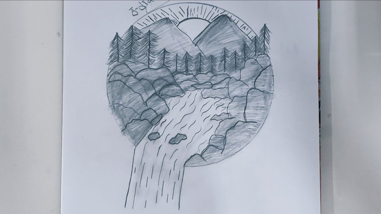 How to draw a scene inside a circle ||easy landscape drawing || pencil ...