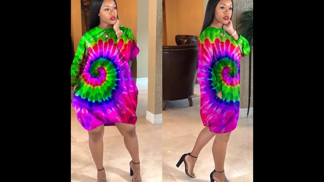 2021 Casual Loose Long Sleeve Tie Dye Printed Dress LSD-8398 - YouTube