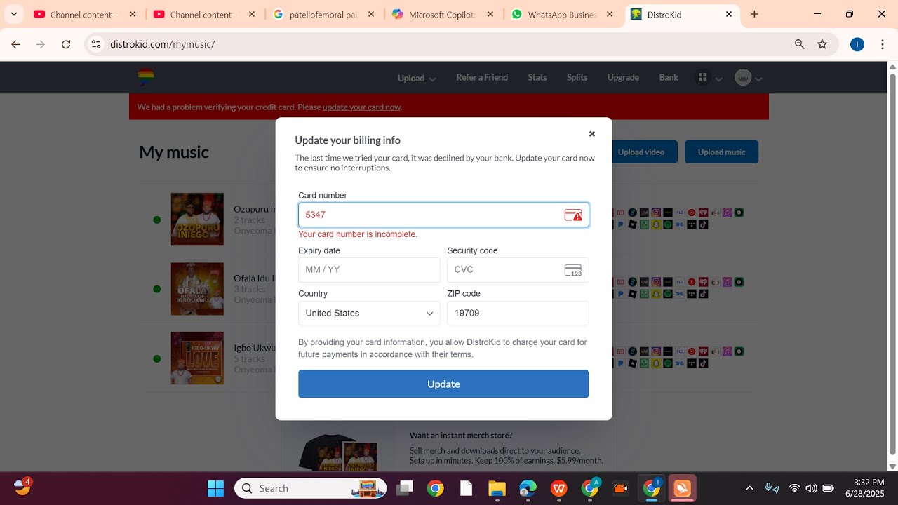 Distrokid Error - Update your Billing Info, Distrokid Rejecting your ...