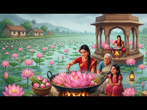 A Peaceful Rainy Day in 1990s India 🌧️ | Village Life, Family Lotus Cooking | Ghibli Style ASMR