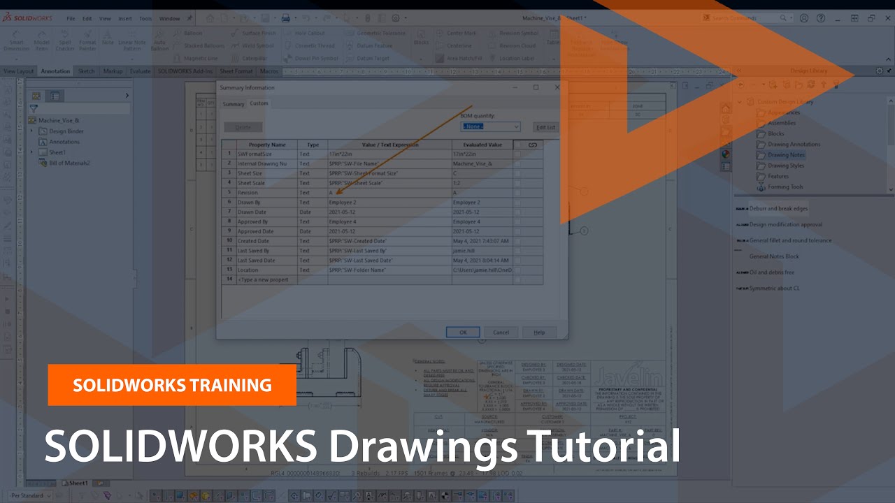 SOLIDWORKS Drawing Workflow with Custom Properties Tutorial - YouTube