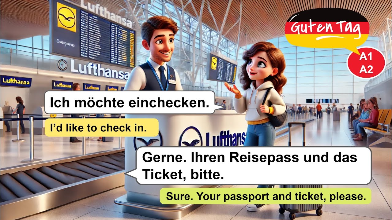 German at the Airport ️ | Simple Check-In Conversation for Beginners ...