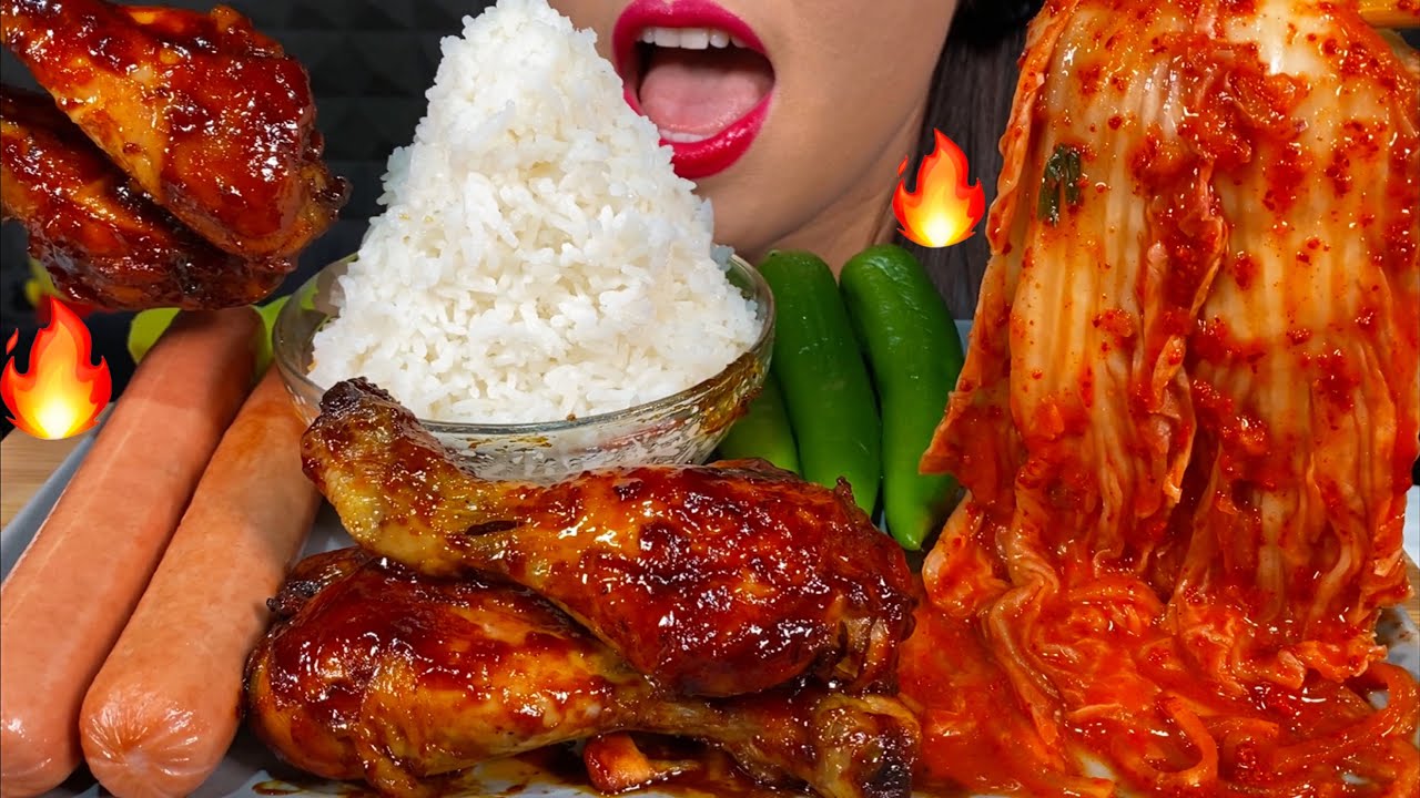 ASMR BBQ CHICKEN, SAUSAGE, KIMCHI, CHILI, RICE 먹방 MUKBANG MASSIVE ...