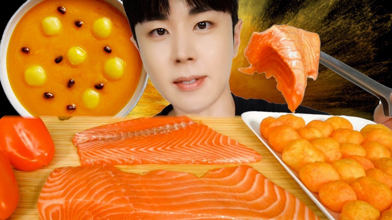 Mukbang🧲 Whole Salmon Sashimi With Orange Food 🧡 Youtube