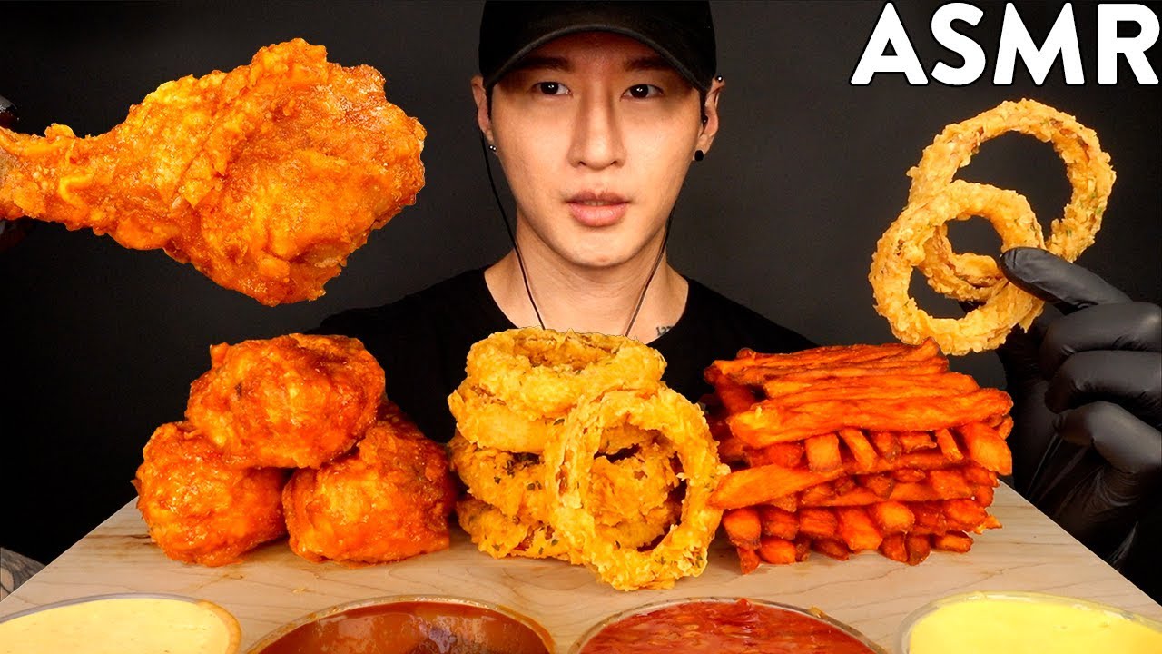 ASMR FRIED CHICKEN & ONION RINGS + FRIES MUKBANG (No Talking) EATING ...