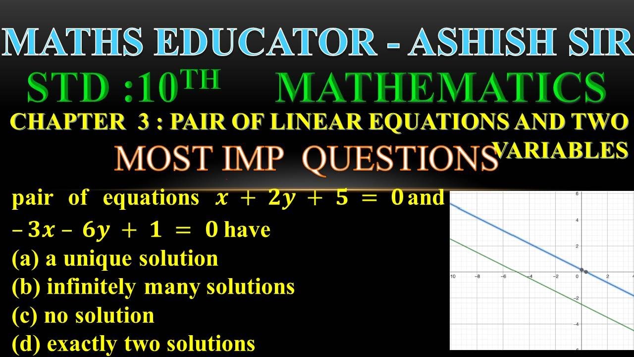 pair of equations 𝒙 + 𝟐𝒚 + 𝟓 = 𝟎and –𝟑𝒙 – 𝟔𝒚 + 𝟏 = 𝟎 have(a) a unique ...