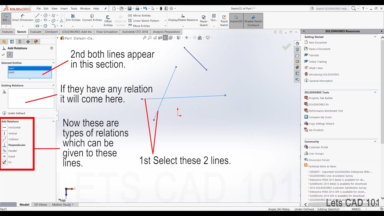 Solidworks Sketch- Display Relations and Add Relations - YouTube