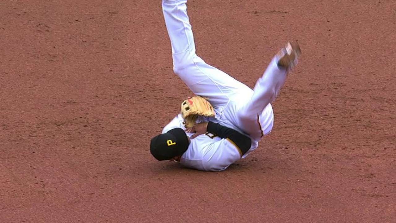 ATL@PIT: Freese hit in the chest by hard grounder - YouTube