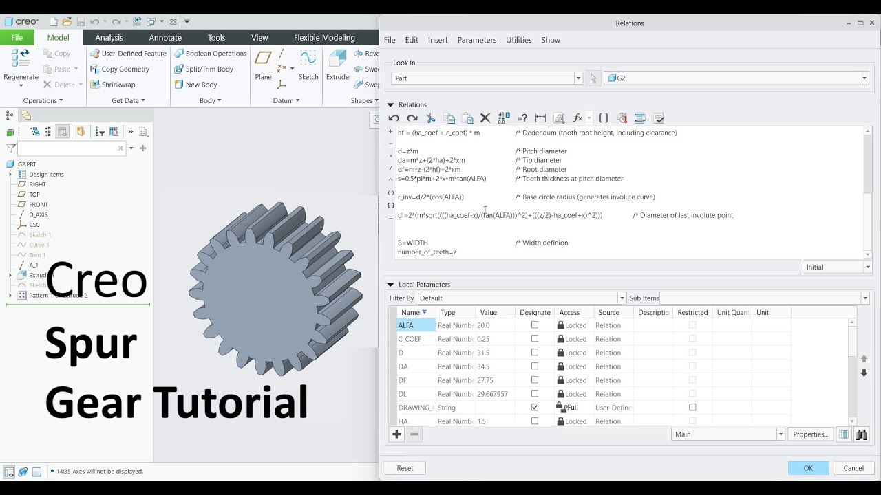 Creo Parametric Spur Gear Tutorial: Full Guide + Copy-Paste Relations ...