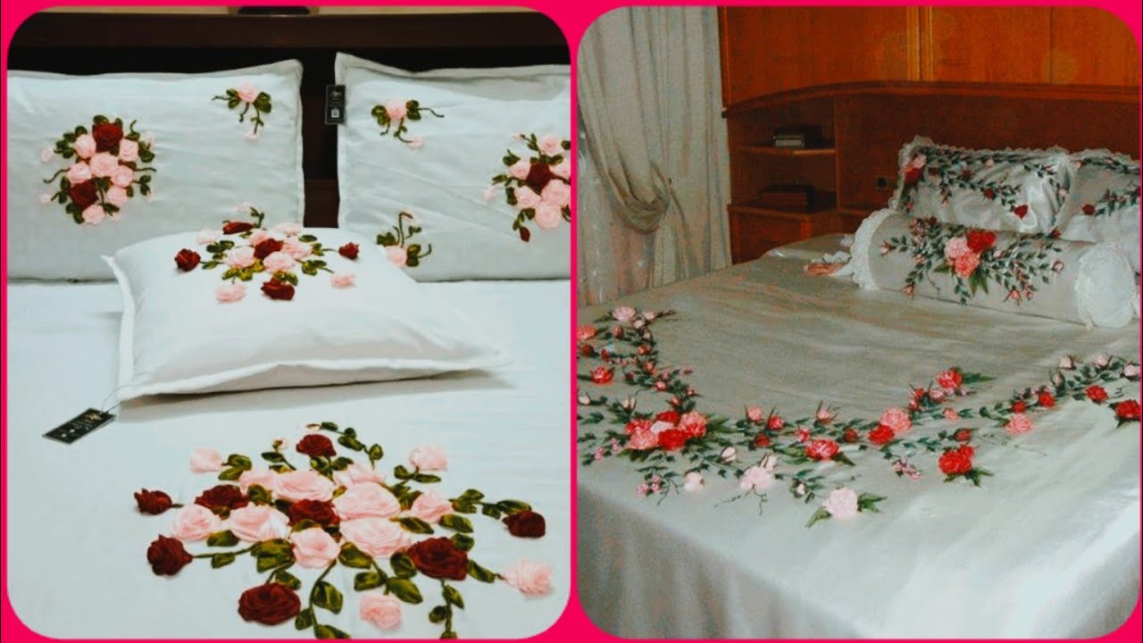 Hand embroidery bedsheets||Ribbon work bed sheets design - YouTube