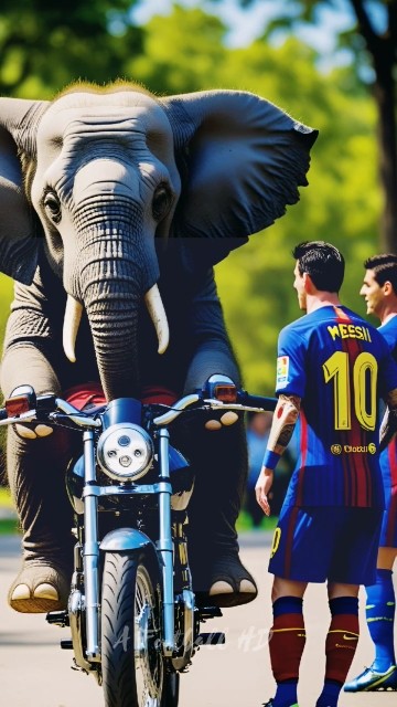 An elephant rides a super bike while Ronaldo and Messi stand and watch ...