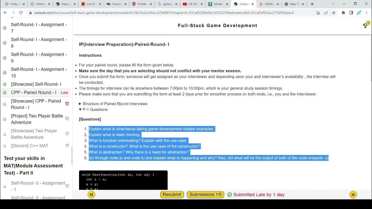 Siddharth Varde - C++ Mat1 PairedRound1 Experience (outscal) - YouTube
