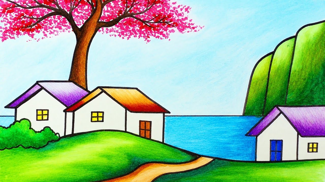 Easy Spring Village Scenery Drawing | How to Draw Simple Scenery of ...