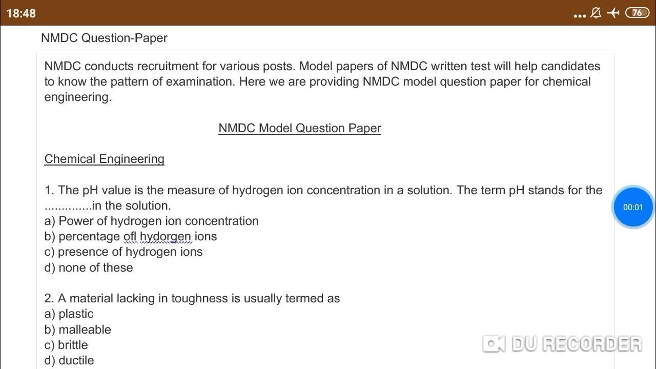 NMDC model question paper chemical engineering - YouTube