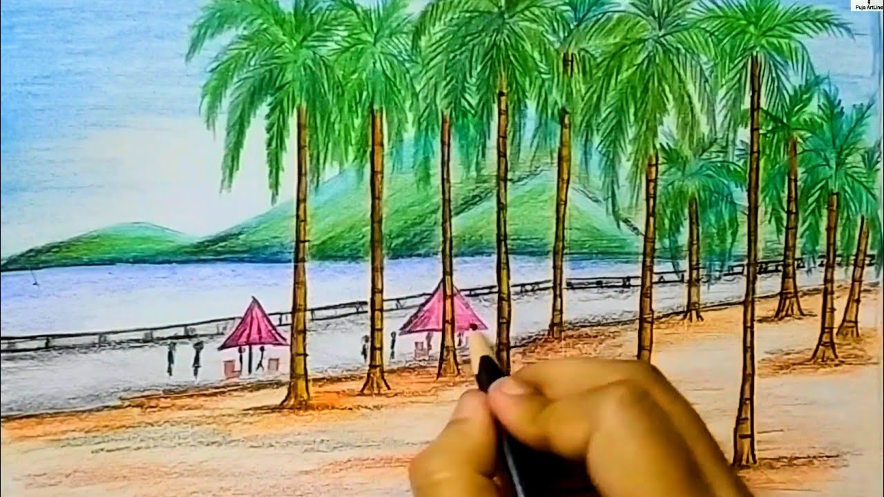 Sea beach Drawing/sea beach with coconut tree Scenery/Sea beach Memory ...