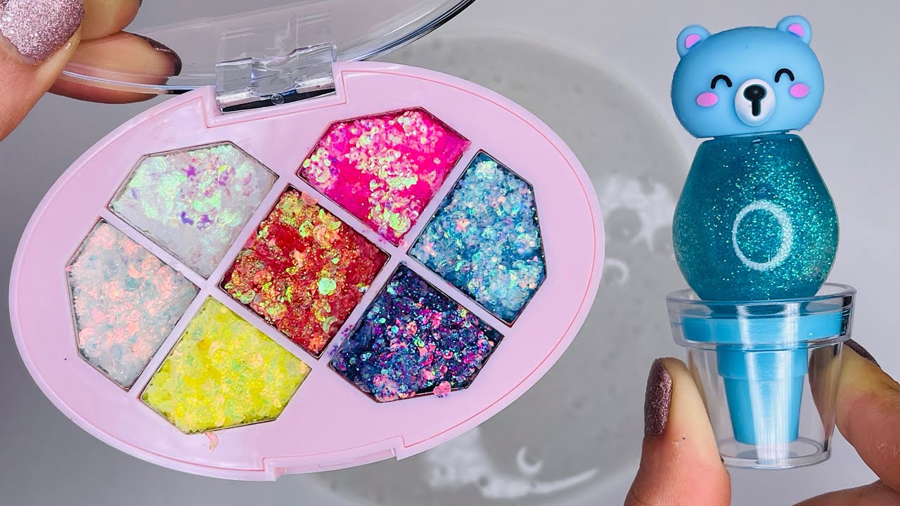 ASMR Makeup Slime! Mixing Eyeshadow & Lip Glosses into Clear Slime ...