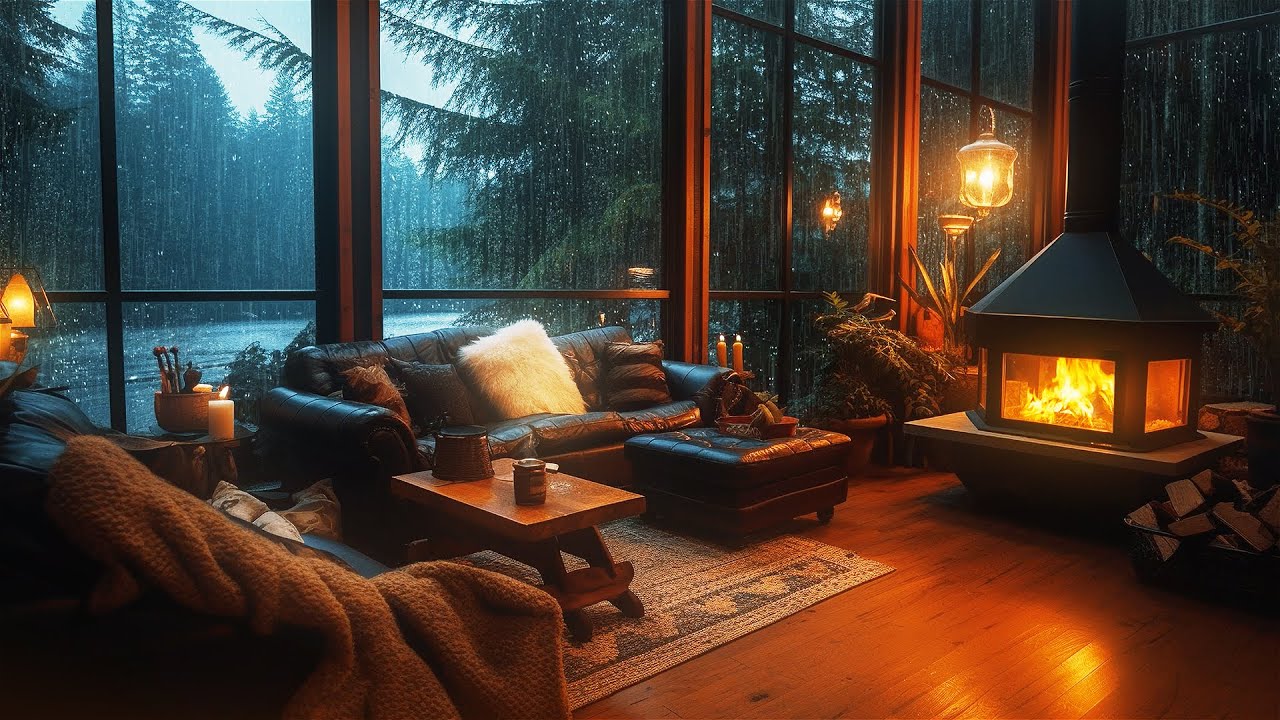 Cozy lake house in the rain — Warm crackling fire and steady rain (no ...
