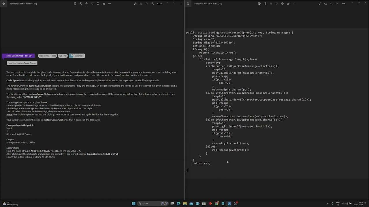 SkillRack- MNC Companies (SET 001) -Functions CustomCaesarCipher (Program Id: 12186) (JAVA ...