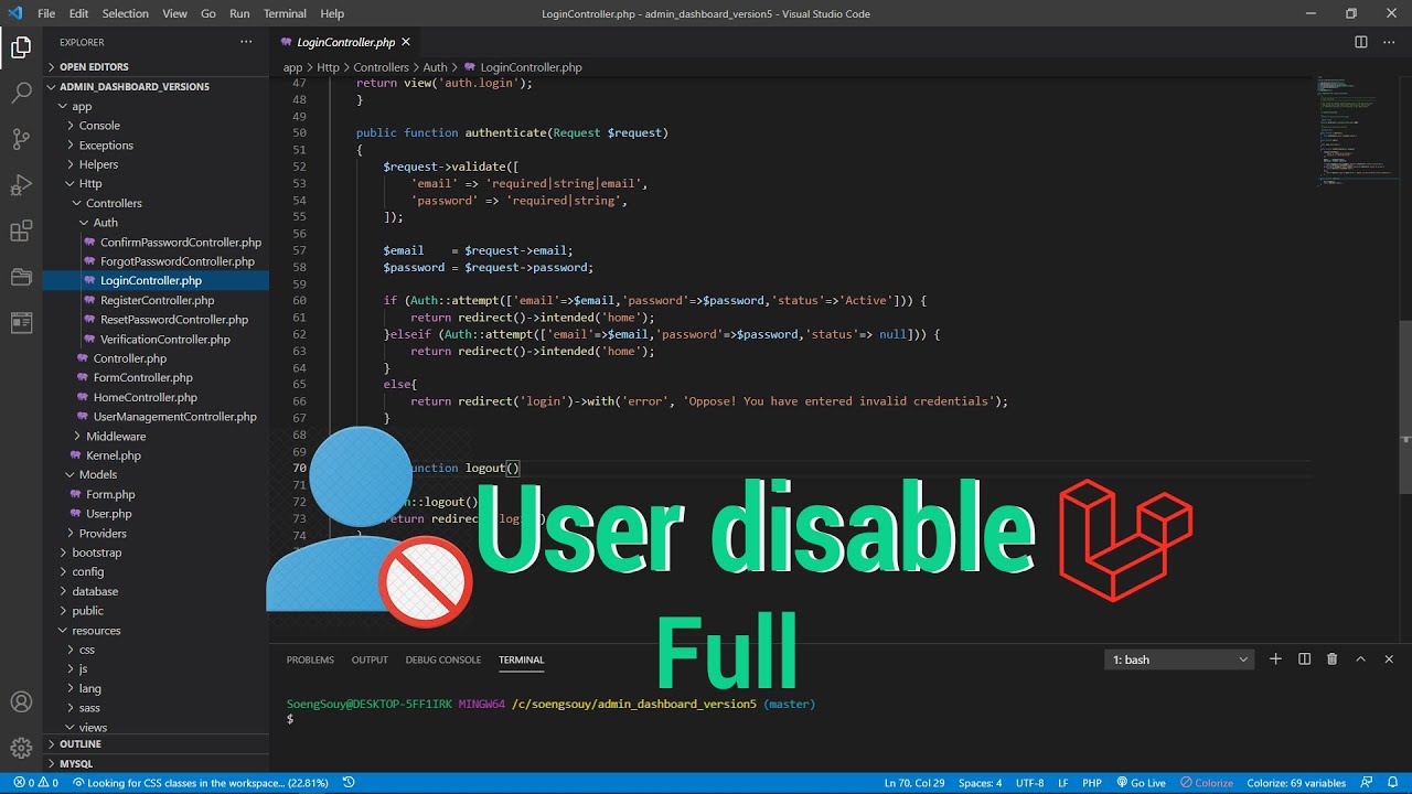 Full create user disable front end and back end Laravel - YouTube