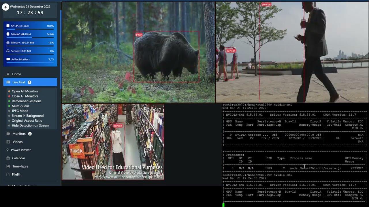 Object Detection Test On Rtx 3070 With Shinobi 10 Fps X 3 Monitors Youtube