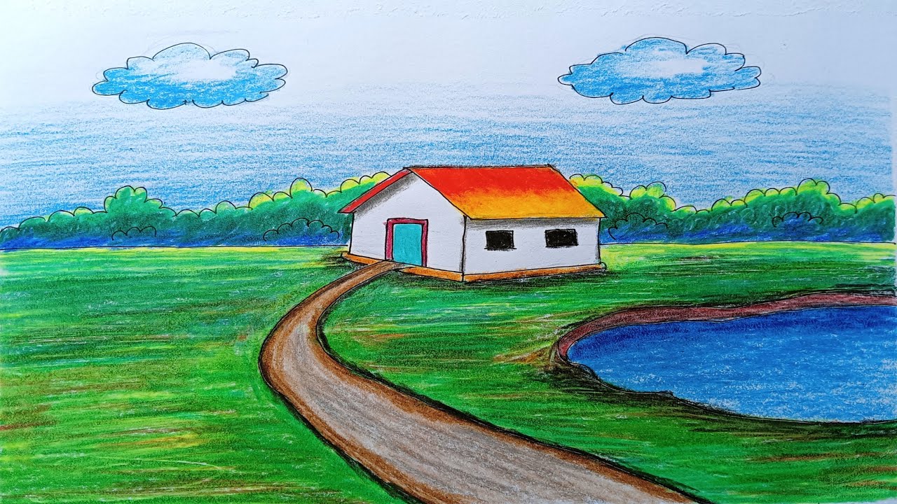 House Scenery Drawing Easy || How to Draw beautiful Scenery for ...