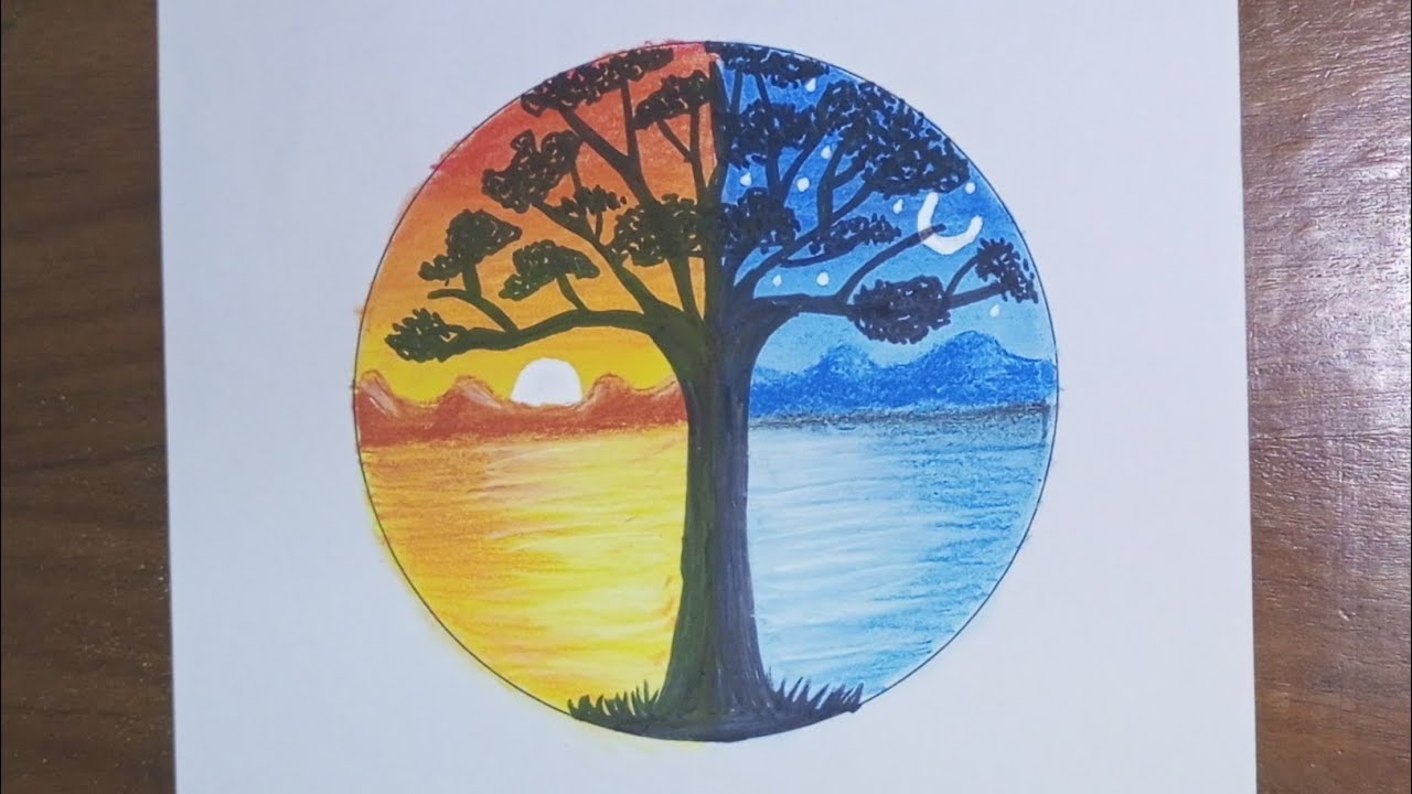 How to draw a day and night scenery drawing with oil pastels || Simple ...