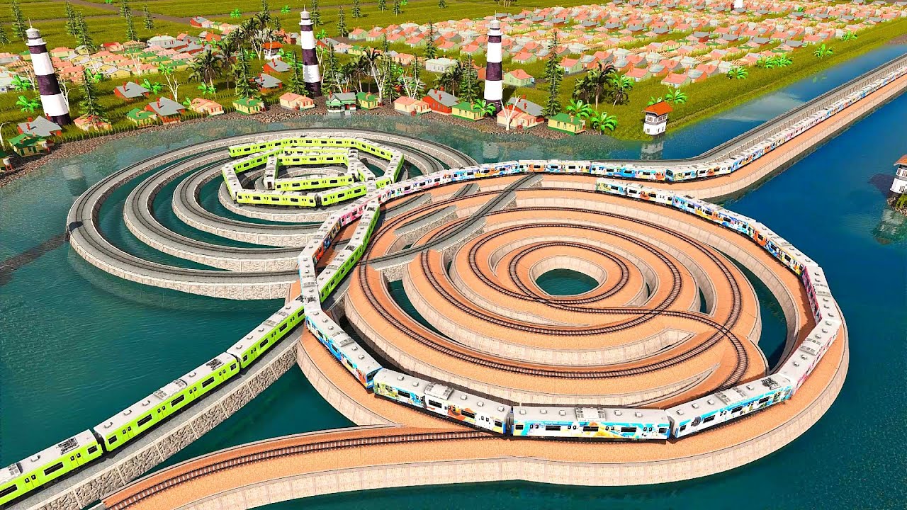 Two Floating Train Tracks on Water🚂 ️🚦Double Giant Spiral Railways ...