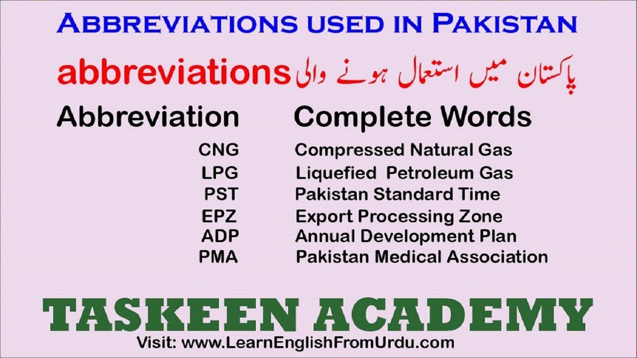 Abbreviations used in Pakistan | Important abbreviations in English for ...