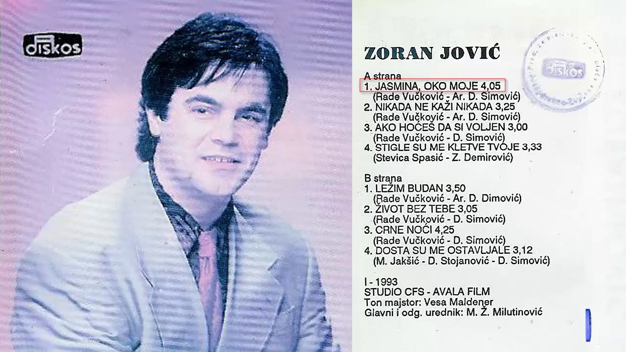 Zoran Jovic - Jasmina, oko moje - (Audio 1993) - YouTube