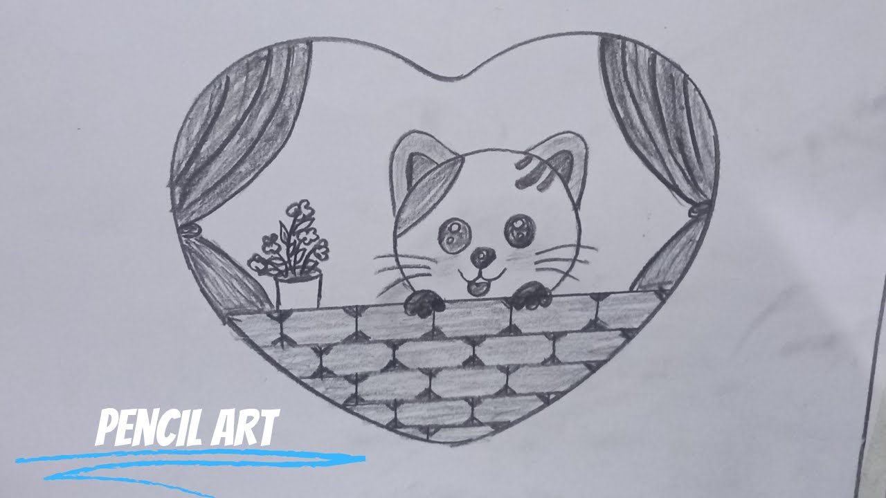Window of Love: Cat Pencil Art in a Heart Shape| Step by step drawing ...