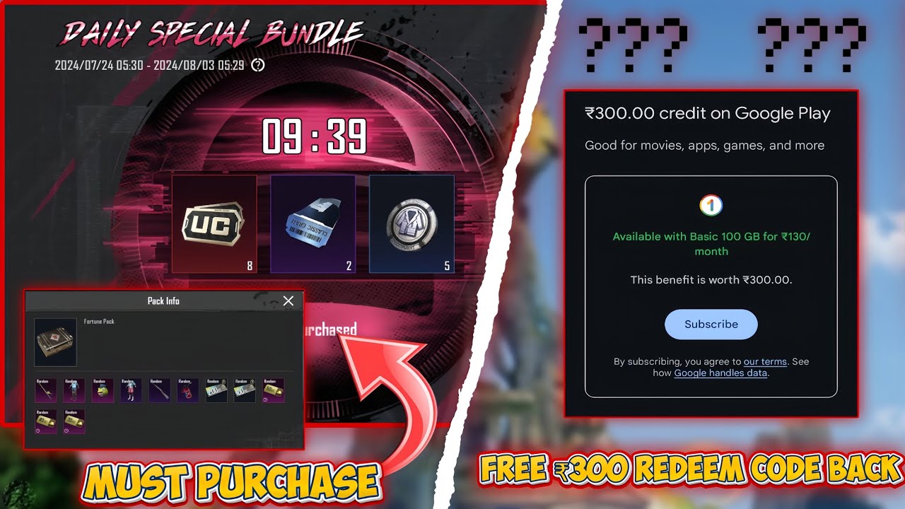 FREE ₹300 REDEEM CODE IS BACK | DAILY SPECIAL BUNDLE BGMI | GOOGLE ONE ...