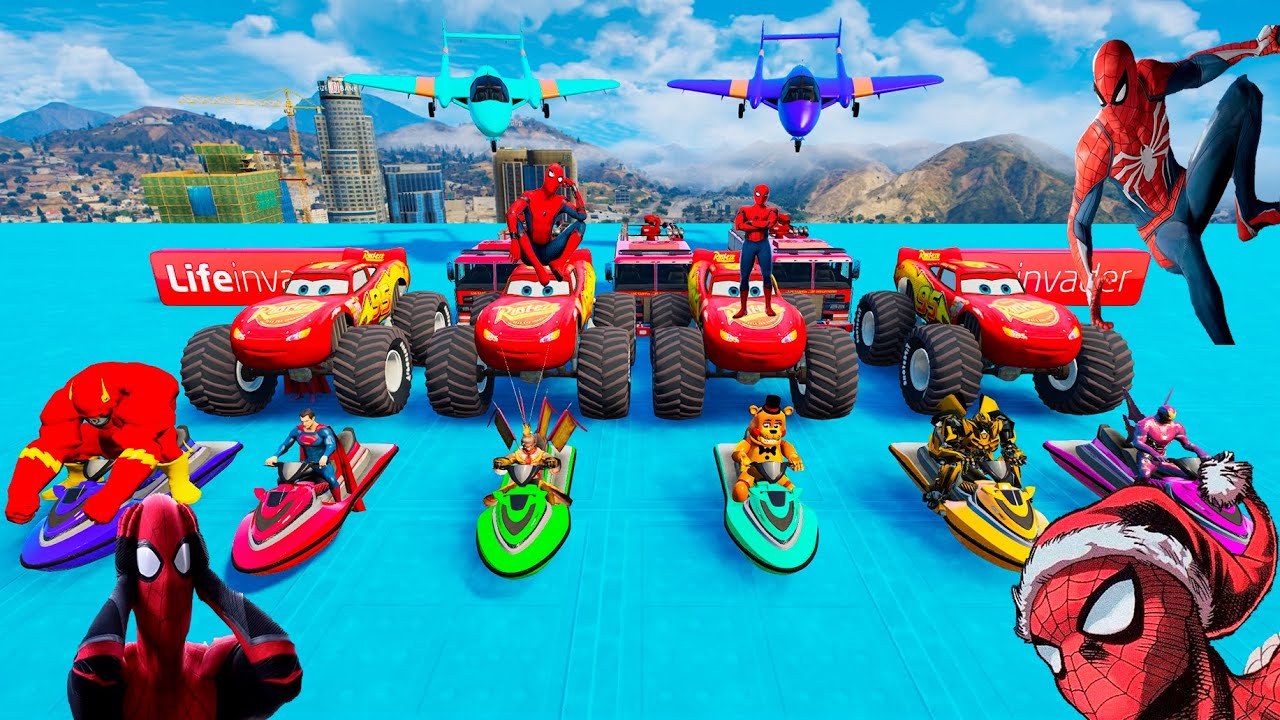GTA V Super Mega Ramp Challenge By CrazySpiderman and Monster Trucks ...