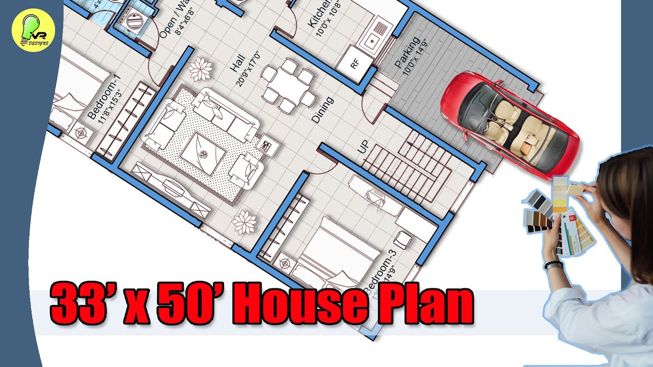 33×50 house plan, 3 bhk with car parking, 33 by 50 home plan, 33*50 ...