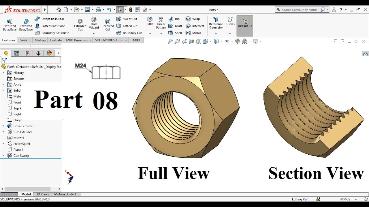 How to Create a Nut with Threads, M24 Nut, Assembly Part 08 from ...