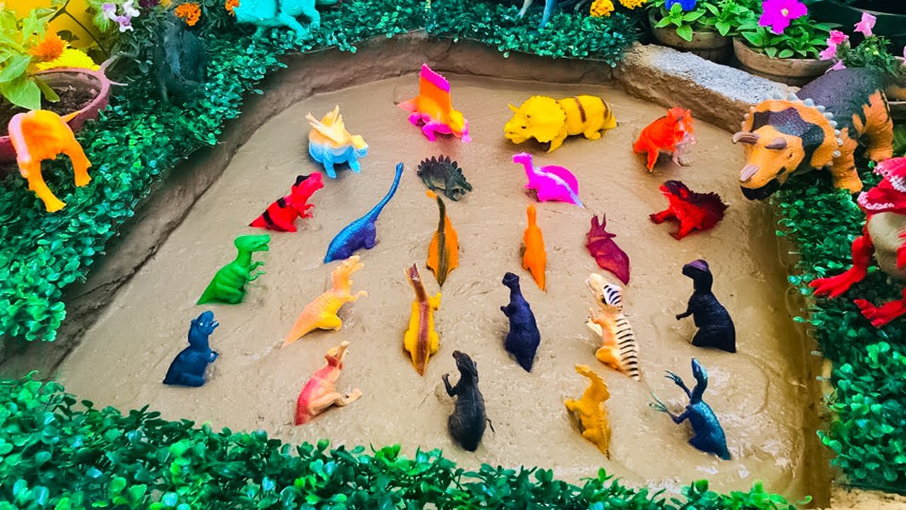 Plastic Toy Dinosaurs Stuck in Mud | Triceratop Dimetrodon Trex ...