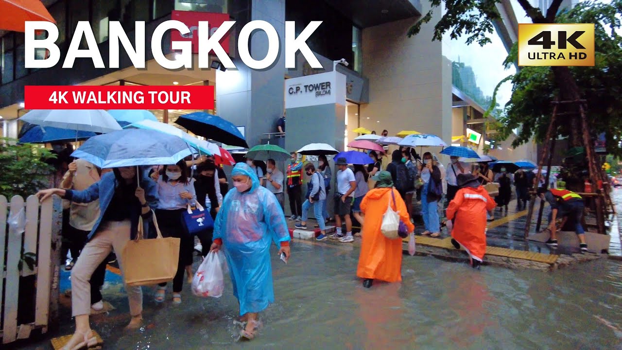 [4K] Flooding in Bangkok, Thailand 🇹🇭 Walking Silom Road in Heavy Rain ...