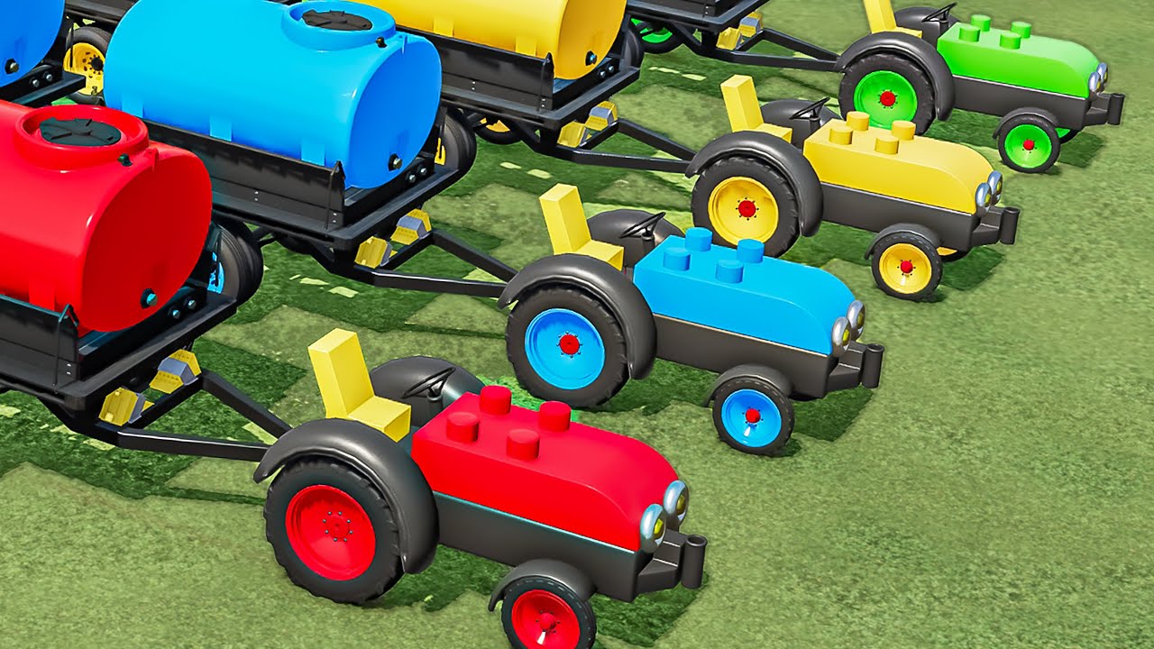 MINI TRACTOR OF COLORS! Transport LEGO Tractors & TANKER to Animal Barn ...