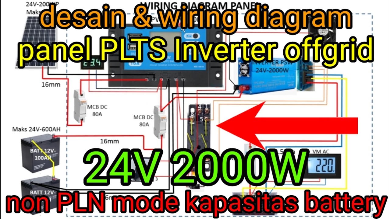 desain dan wiring diagram PLTS offgrid inverter 24V 2000W non PLN - YouTube