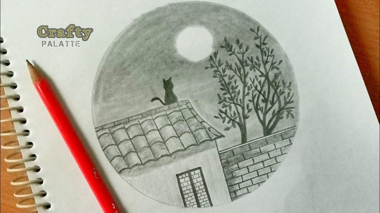 How to draw a scenery of moonlight night by pencil sketch - step by ...