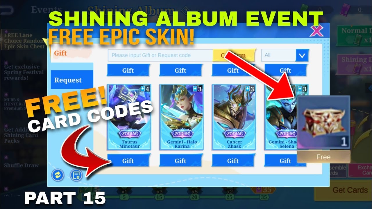 PART 15! MLBB SHINING ALBUM CARD CODE JAN.28! MLBB FREE EPIC SKIN EVENT ...