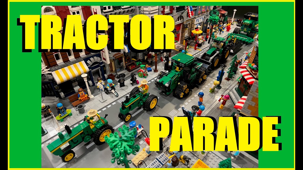 LEGO John Deere tractor and farm machinery parade through my LEGO city ...