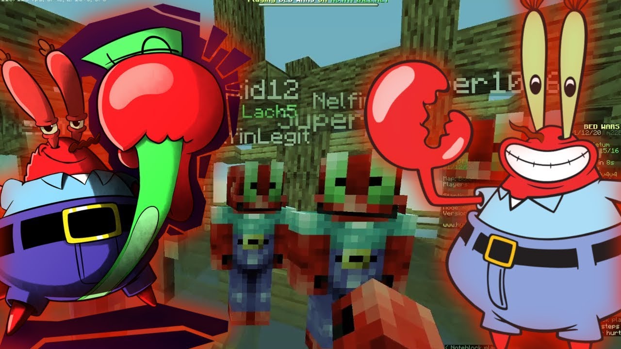 Four Mr. Krabs play a game of Bedwars on Minecraft - YouTube