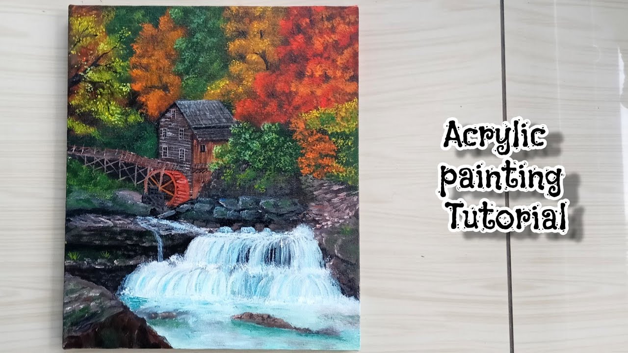 How to paint small waterfall and old water mill house/Acrylic painting for beginners/Devu&Daru ...