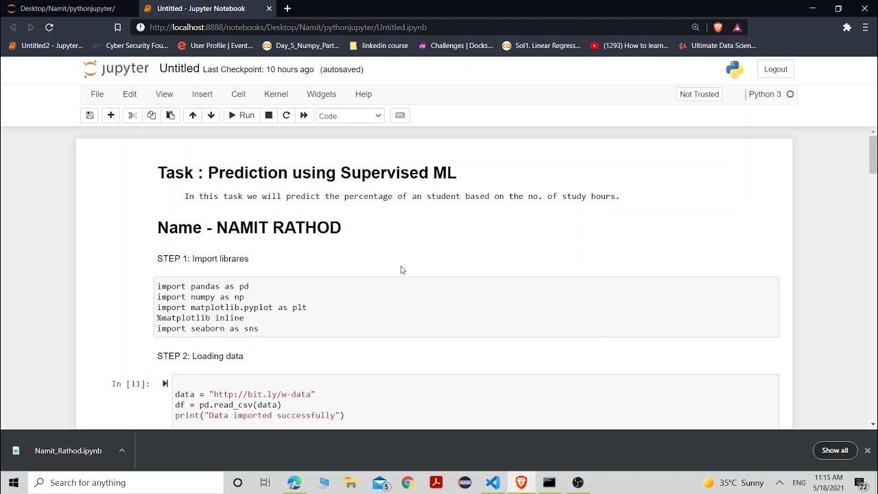 Grip Task1 | Prediction using Supervised ML Sparks Foundation Jupyter Notebook - YouTube