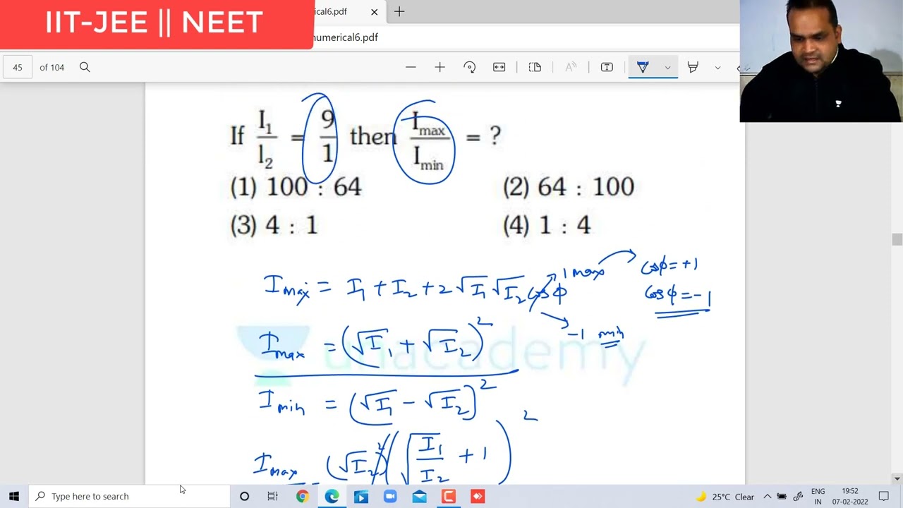 Find ratio of Imax to Imin in wave optics when I1/I2 is given by shyam ...