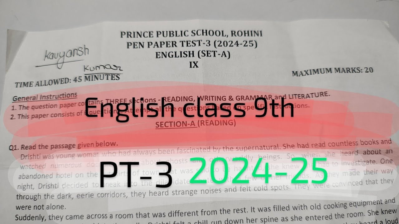 class 9th English pt3 question paper 2024 – 25/question paper of 23 English class 9th 2024-25# ...