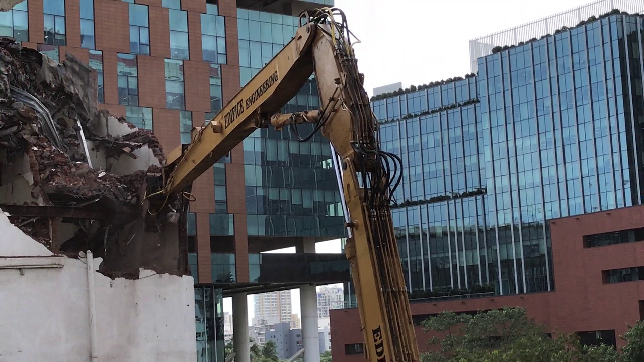 BUILDING DEMOLITION WITH 34 METER HIGH REACH EXCAVATOR - YouTube