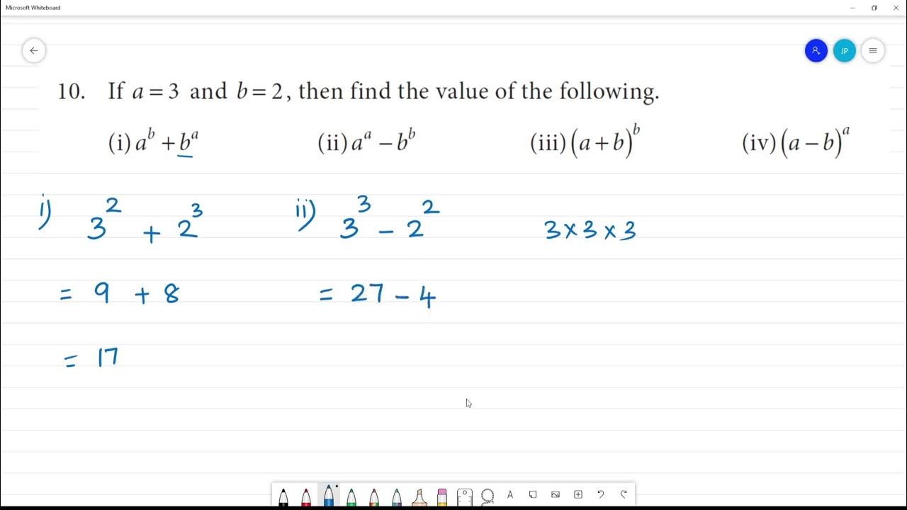 Class 7 TN Maths Term II 3. ALGEBRA Exercise 3.1 10. If a = 3 and b = 2 , then find the value of ...