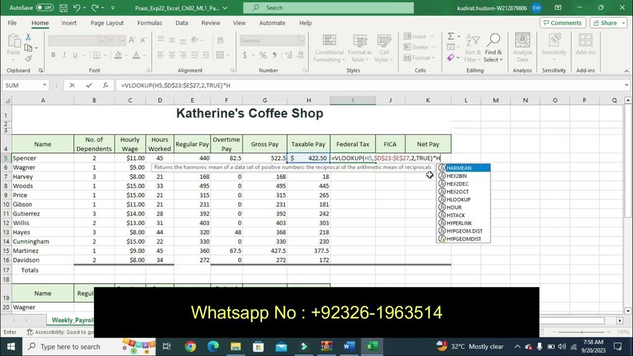 Exp22_Excel_Ch02_ML1 - Katherine's Coffee Shop Weekly Payroll | Exp22 ...