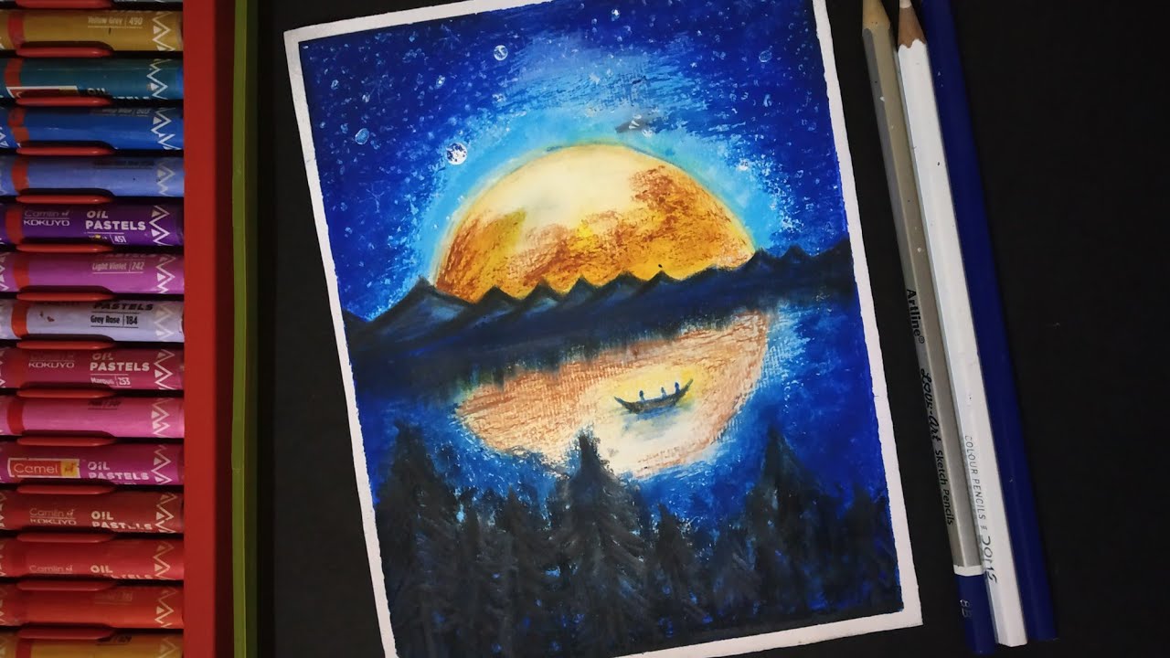 How to Draw a Beautiful Moonlight Scenery | Drawing with Oil Pastels ...